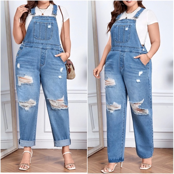 Jeans | Plus Light Wash Distressed Jean Denim Jumpsuit | Poshmark